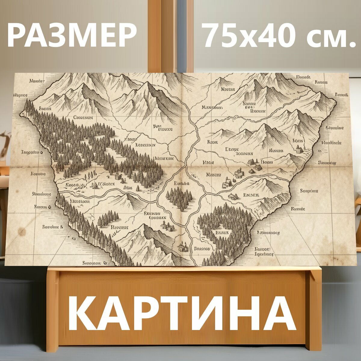 Картина на холсте "Старинная карта горного острова. Античная картографическая композиция с рельефными вершинами, лесами, дорогами и компасом." на подрамнике 75х40 см. для интерьера