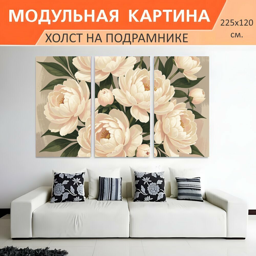 Модульная картина на холсте "Нежные пионы с листьями. Пышные цветы в кремово-розовой гамме с тёмно-зелёной листвой, ботаническая." триптих на подрамнике 225х120 см. для интерьера