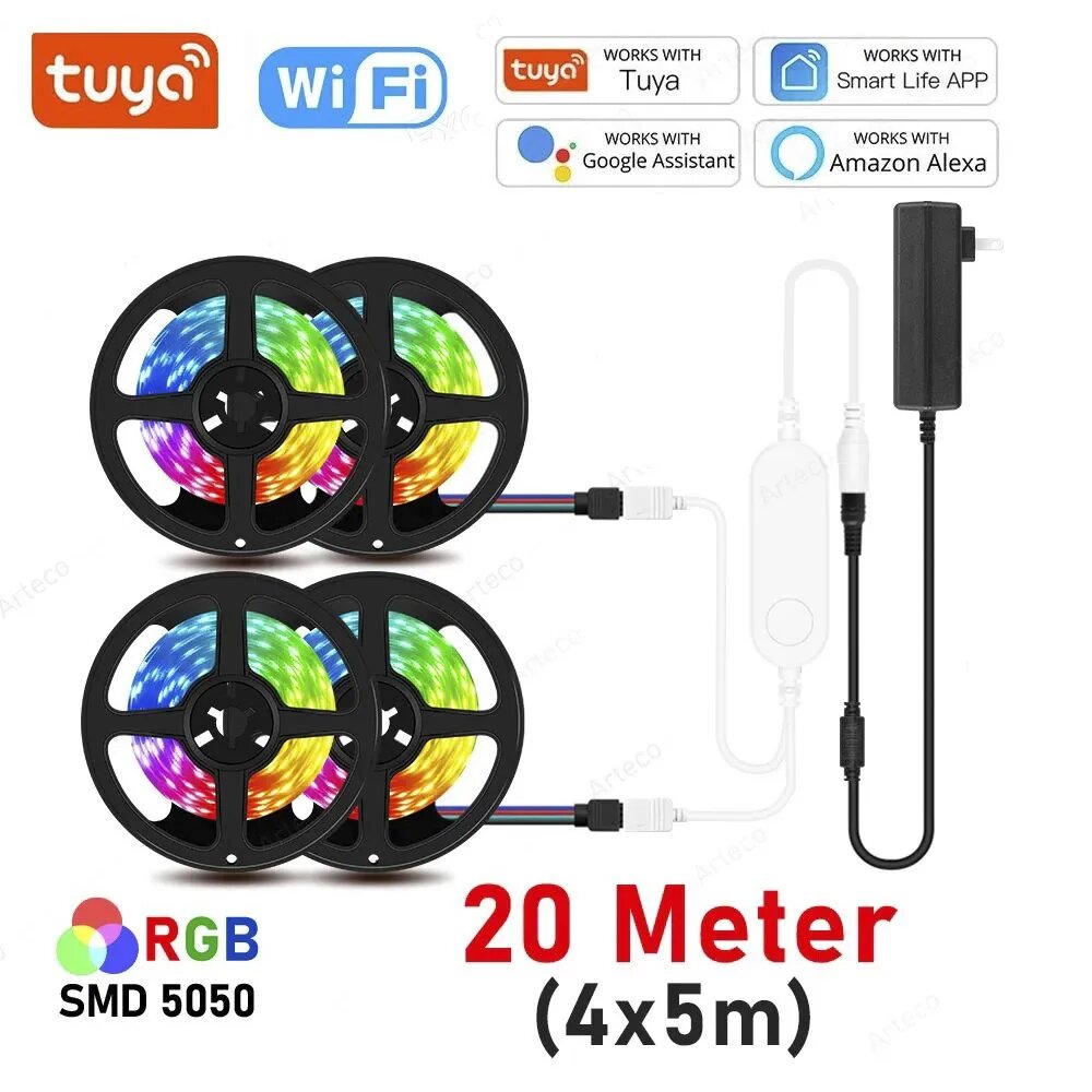JuTongGuoJi Светодиодная лента 20 м (4x5 м) RGB SMD 5050 с Wi-Fi управлением