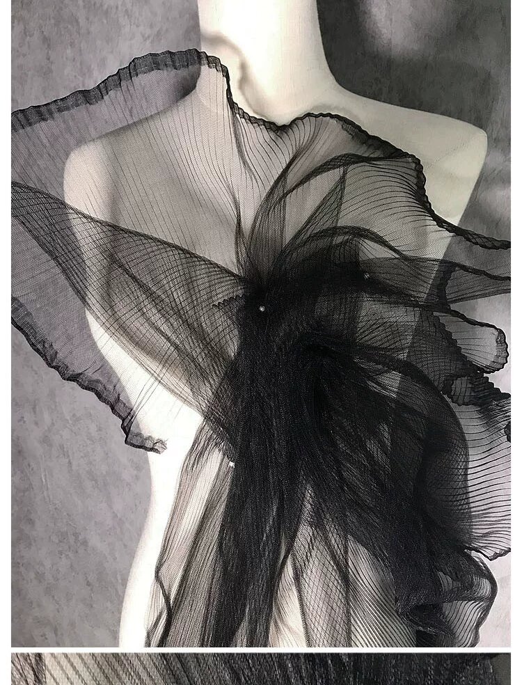 Белая плиссированная тюлевая ткань, жатая дизайнерская ткань, эластичное кружево, модная прозрачная ткань с тонкими