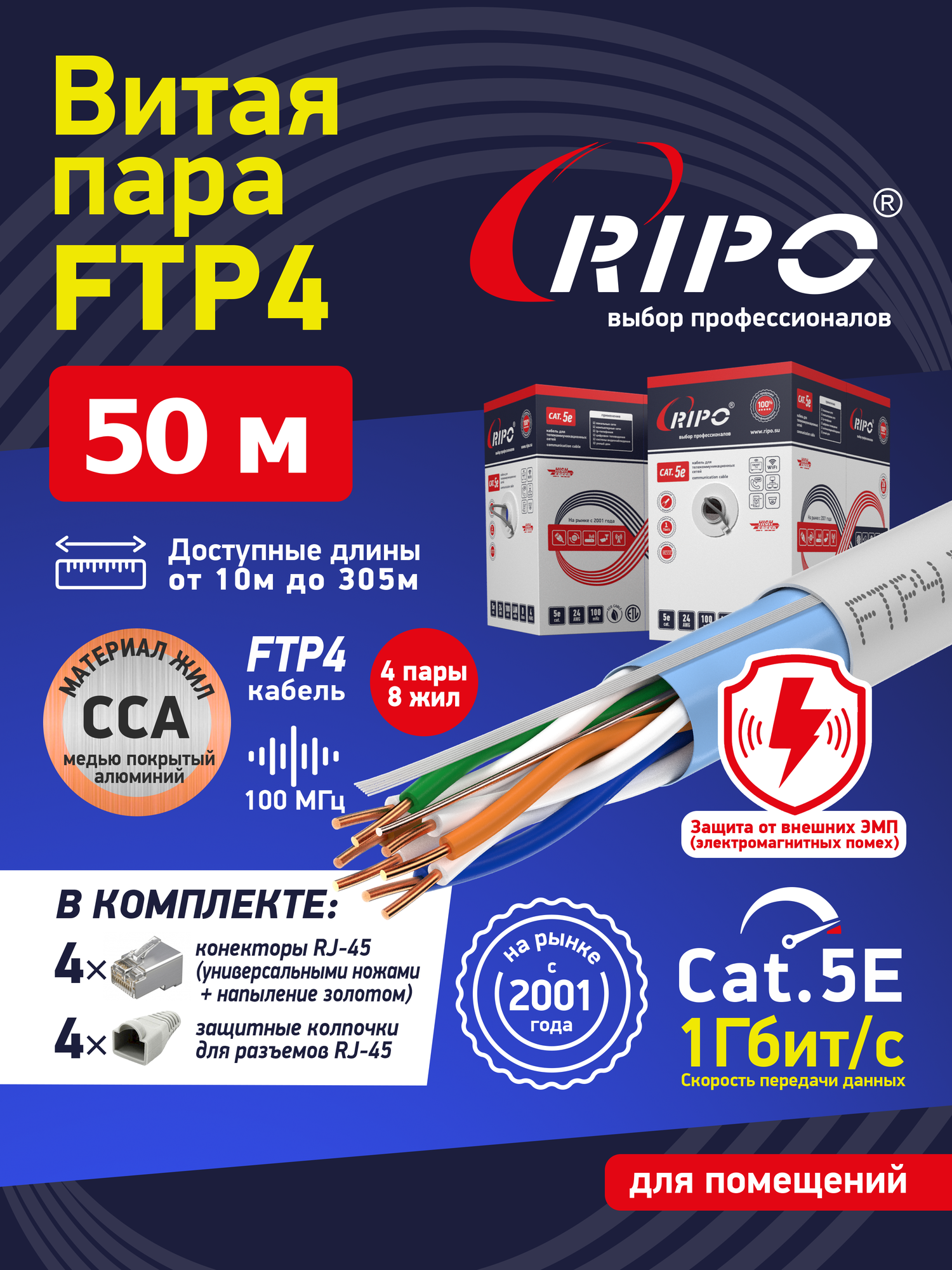 Интернет кабель витая пара LAN FTP4 CAT5E 24AWG, омедненный алюминий, 50 м