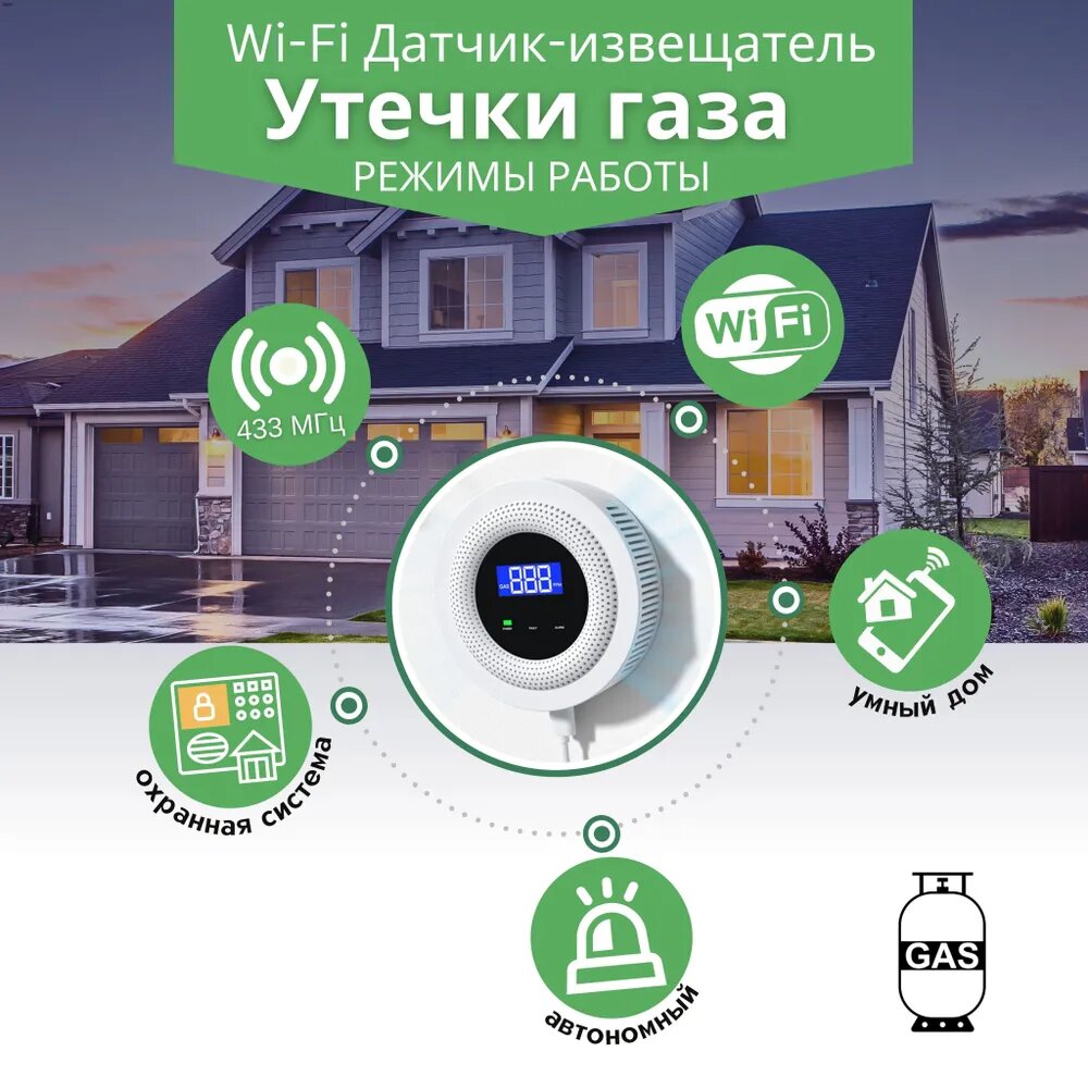 Универсальный беспроводной датчик утечки газа для умного дома, белый, с сиреной, Wi-Fi — фото 1