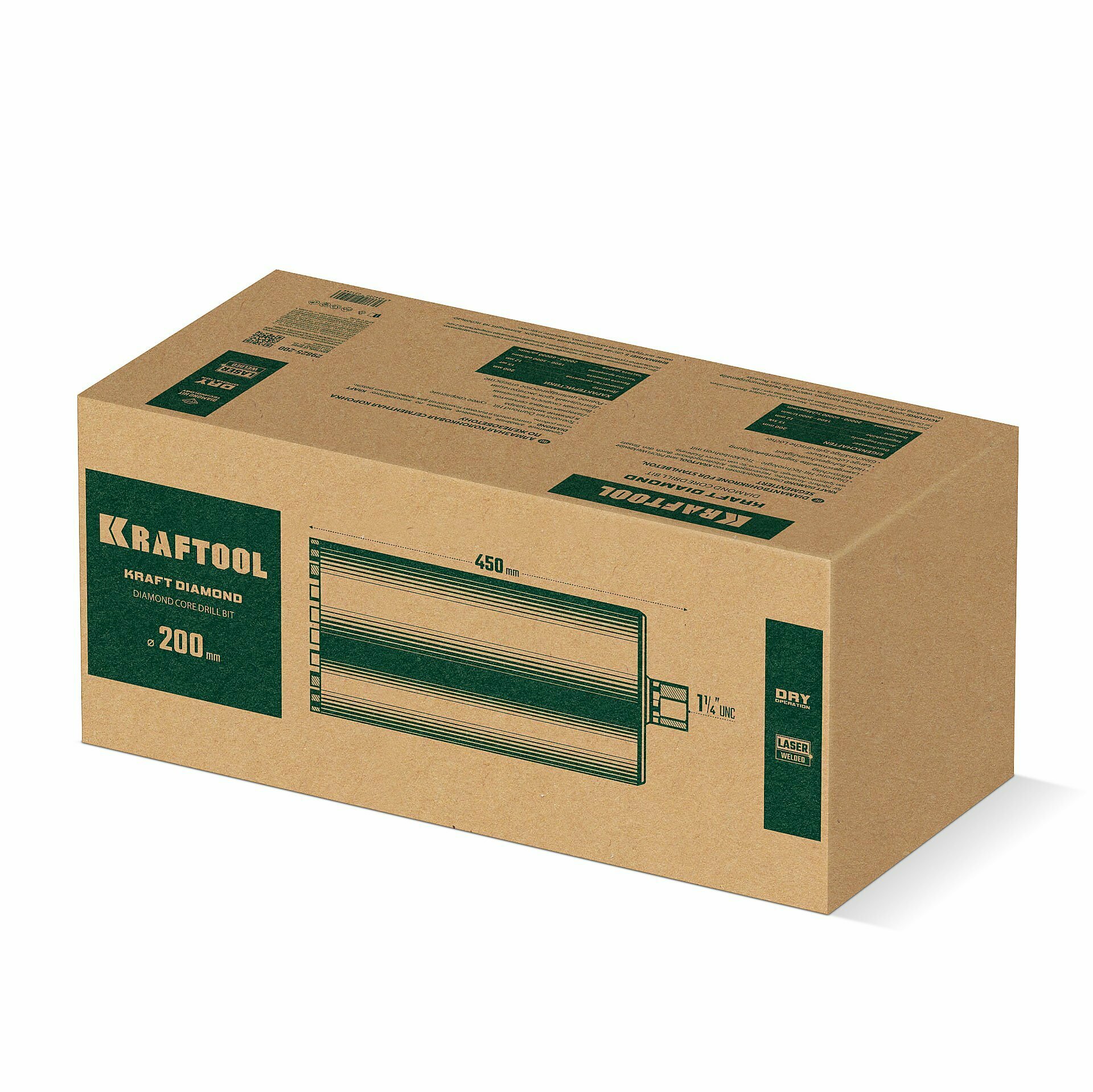 KRAFTOOL DIAMOND 200 мм (450 мм, 1 1/4″, лазерная сварка, сухое сверление с микроударом), алмазная коронка по железобетону (29825-200)