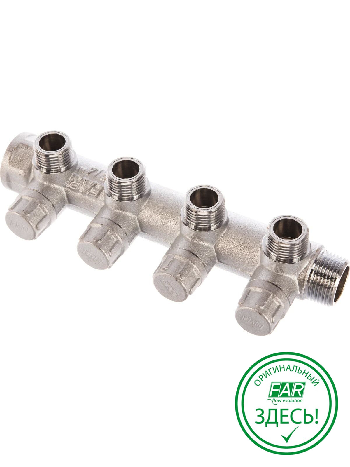 Коллектор запорный FAR 3/4"ВН на 4 отвода 1/2"Н, м/о 45мм, плоское уплотнение FK 3873 3412TP