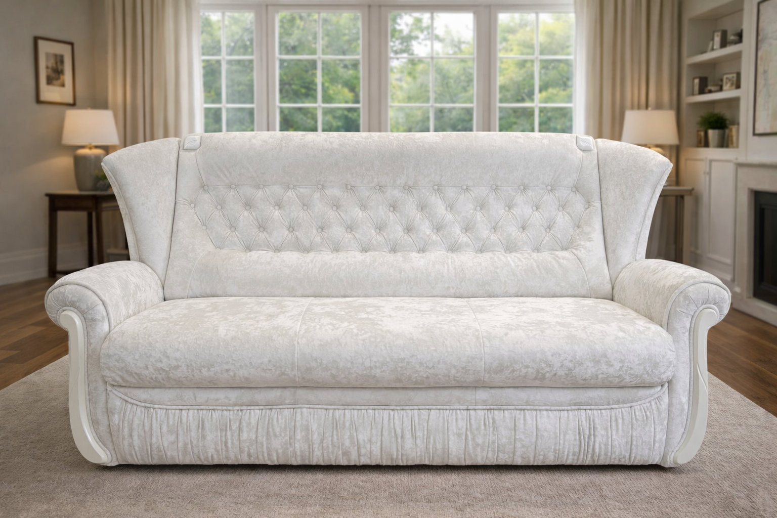 Под заказ Диван-кровать "Фаворит" механизм трансформации "Казачок" цвет-плюш белый, Plush white onyx с белым декором.