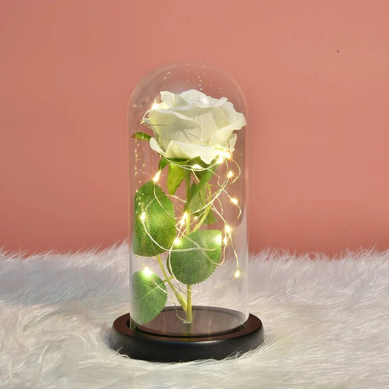 Белая роза в куполе с LED подсветкой Uflower