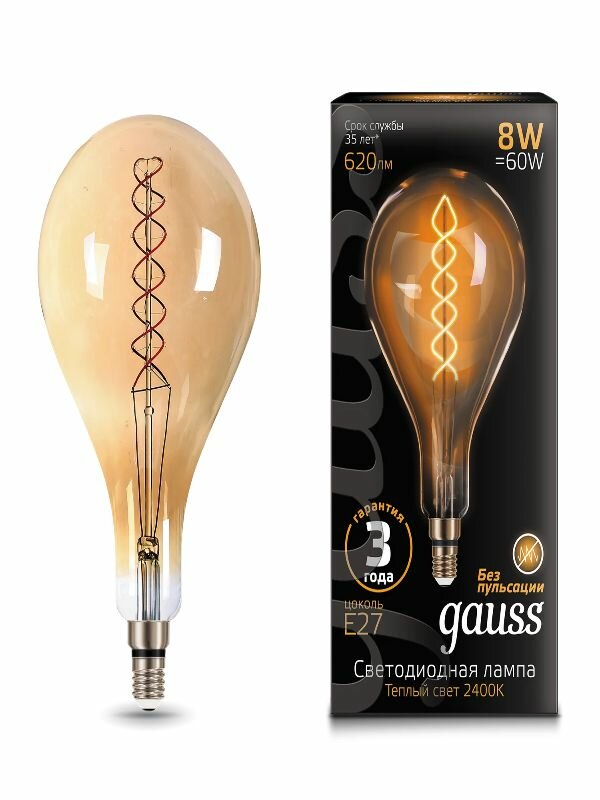 Gauss Filament светодиодная лампочка 8Вт груша А160 Е27 2400К 620Лм золото филамент прозрачная Vintage Gold