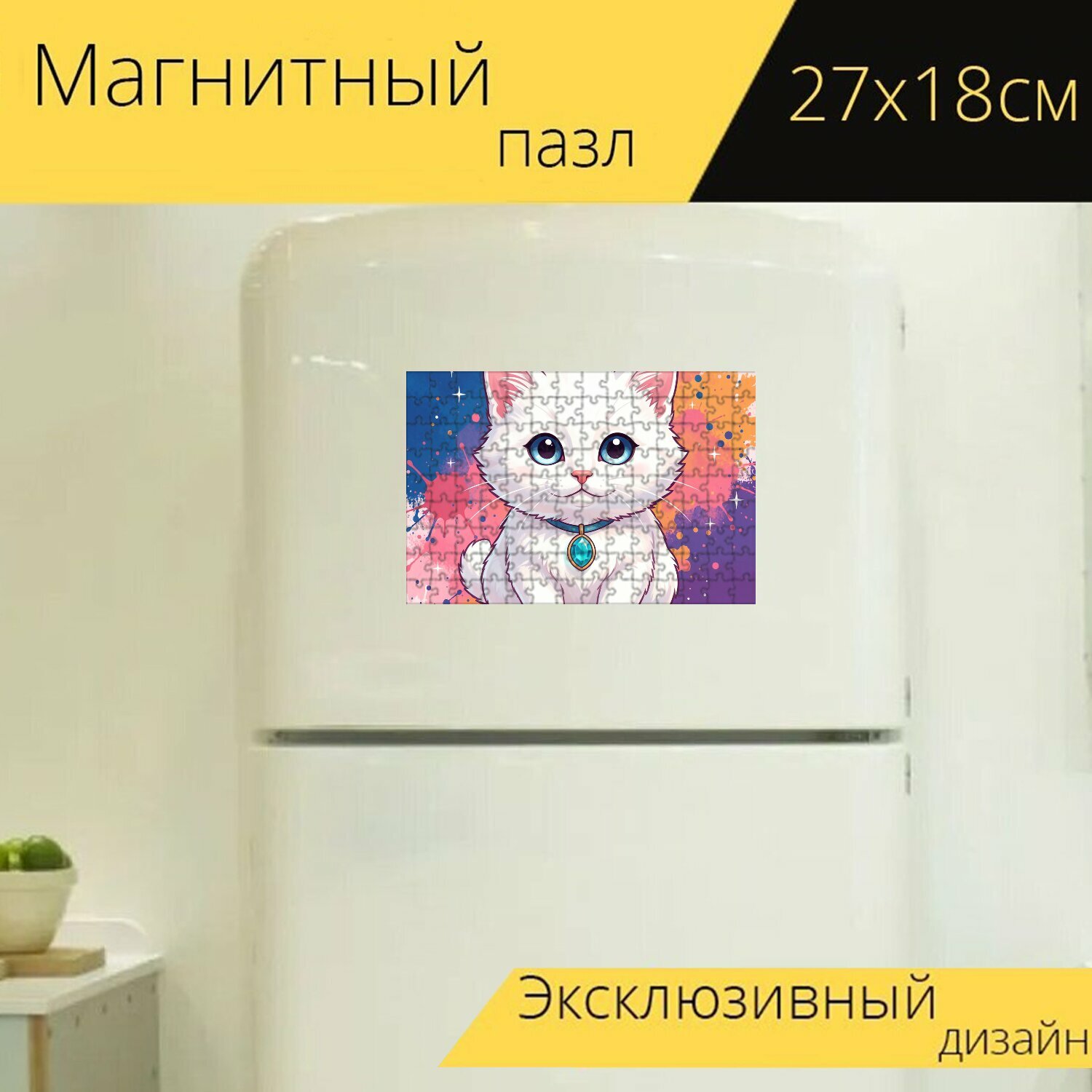 Магнитный пазл "Белый котенок с кулоном. Милый пушистый питомец с большими голубыми глазами и украшением на шее. Яркая мультяшная иллюстрация в." на холодильник 27 x 18 см.