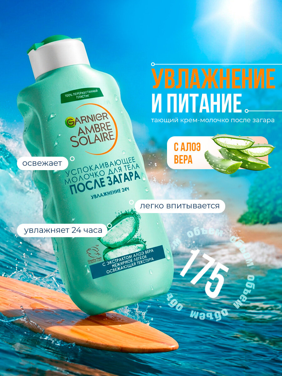 Молочко после загара Garnier Ambre Solaire тающее, увлажнение 24ч, успокаивающее, нежирное, с алоэ вера 175мл