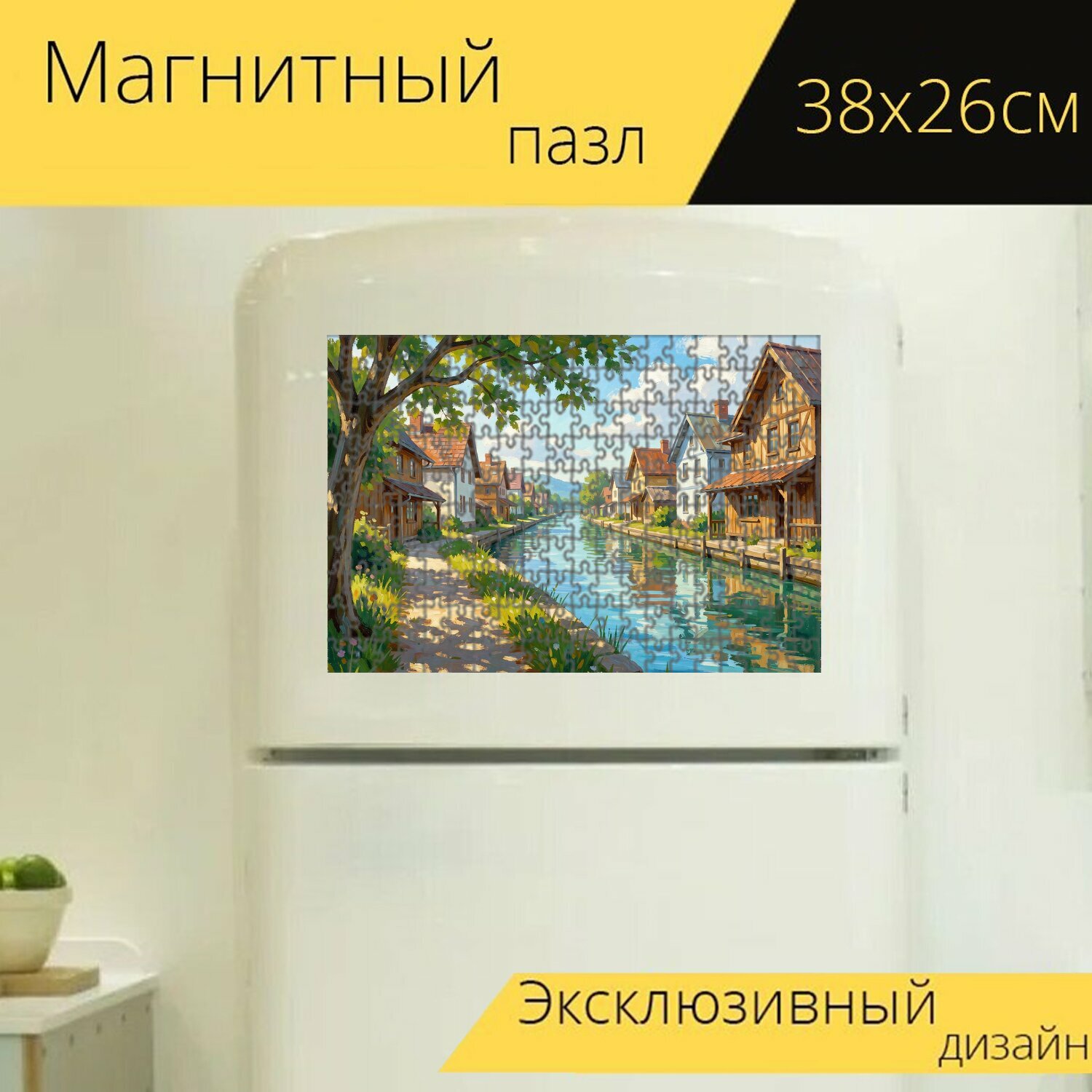 Магнитный пазл "Уютный канал в деревне. Живописная летняя сцена: спокойная водная протока между домами, тенистое дерево, зелень и цветущие берега. Яркие." для интерьера, 38х26 см.