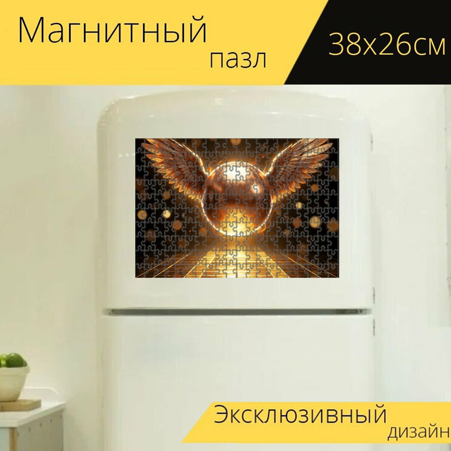 Магнитный пазл "Золотые крылья и сияющая сфера. Фантазийная композиция с парящим металлическим шаром и роскошными перьями, яркое золотое свечение, темный." для интерьера, 38х26 см.