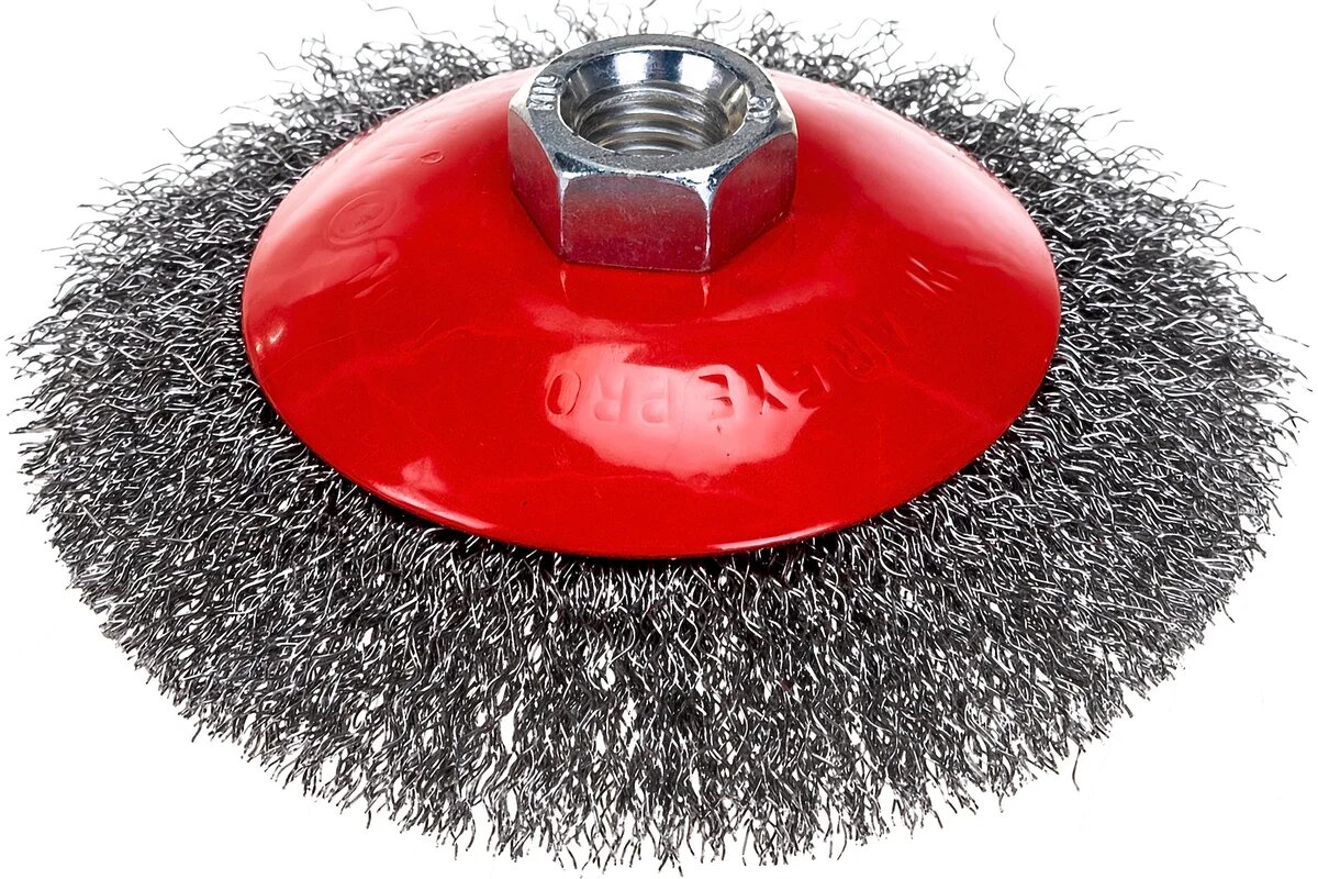 Щетка конусная 115 мм INTERTOOL BT‑5115 из стальной витой проволоки M14, для УШМ, дисковая насадка с резьбовым хвостовиком, коническая форма, 0.5 мм толщина проволоки, 1 шт.