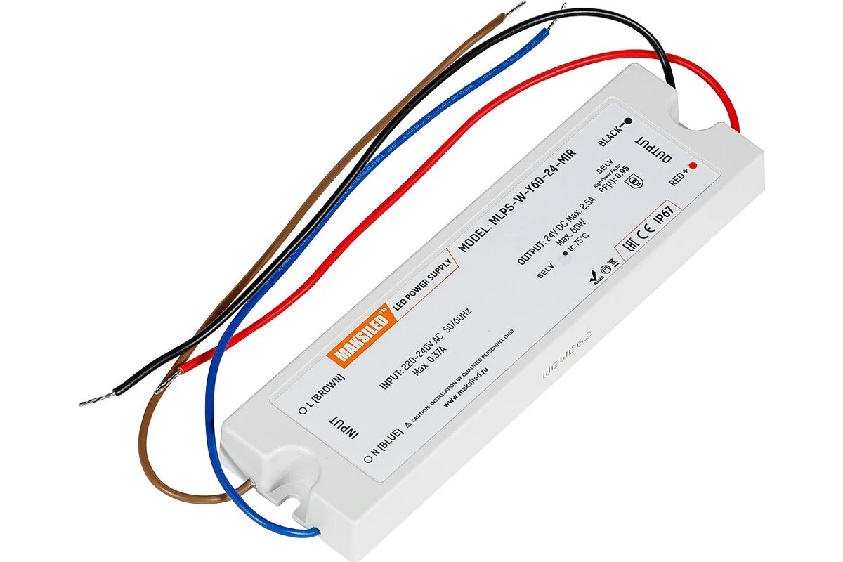 Блок питания для светодиодных лент 24 В MAKSILED MLPS‑W‑Y60‑24‑MIR IP67, 60 Вт, 2.5 А, пластик