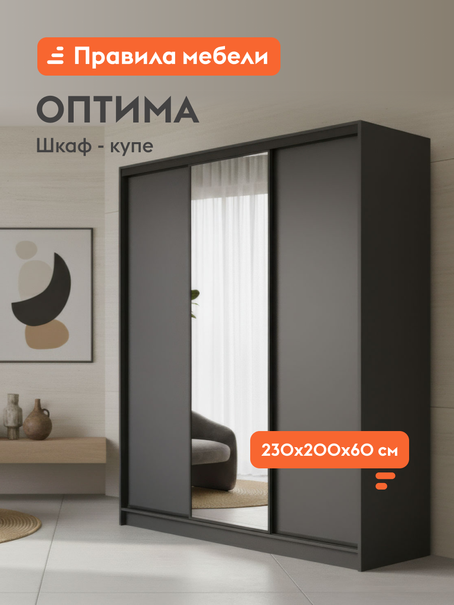 Шкаф-купе для одежды и хранения вещей Оптима с полками, со штангой для одежды, с зеркалом, 200х59.5х229.5 см , Антрацит