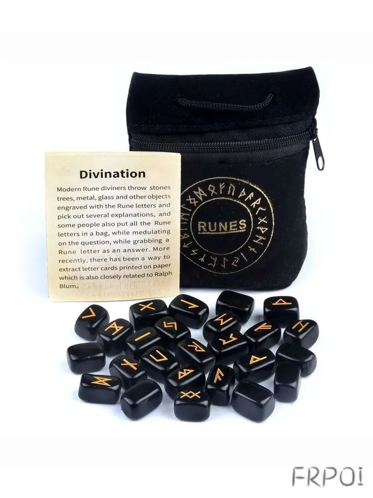 Руны скандинавские для гадания из Черного Обсидиана, Набор 25 шт из натурального камня с мешочком и инструкцией на русском. Старший Футарк