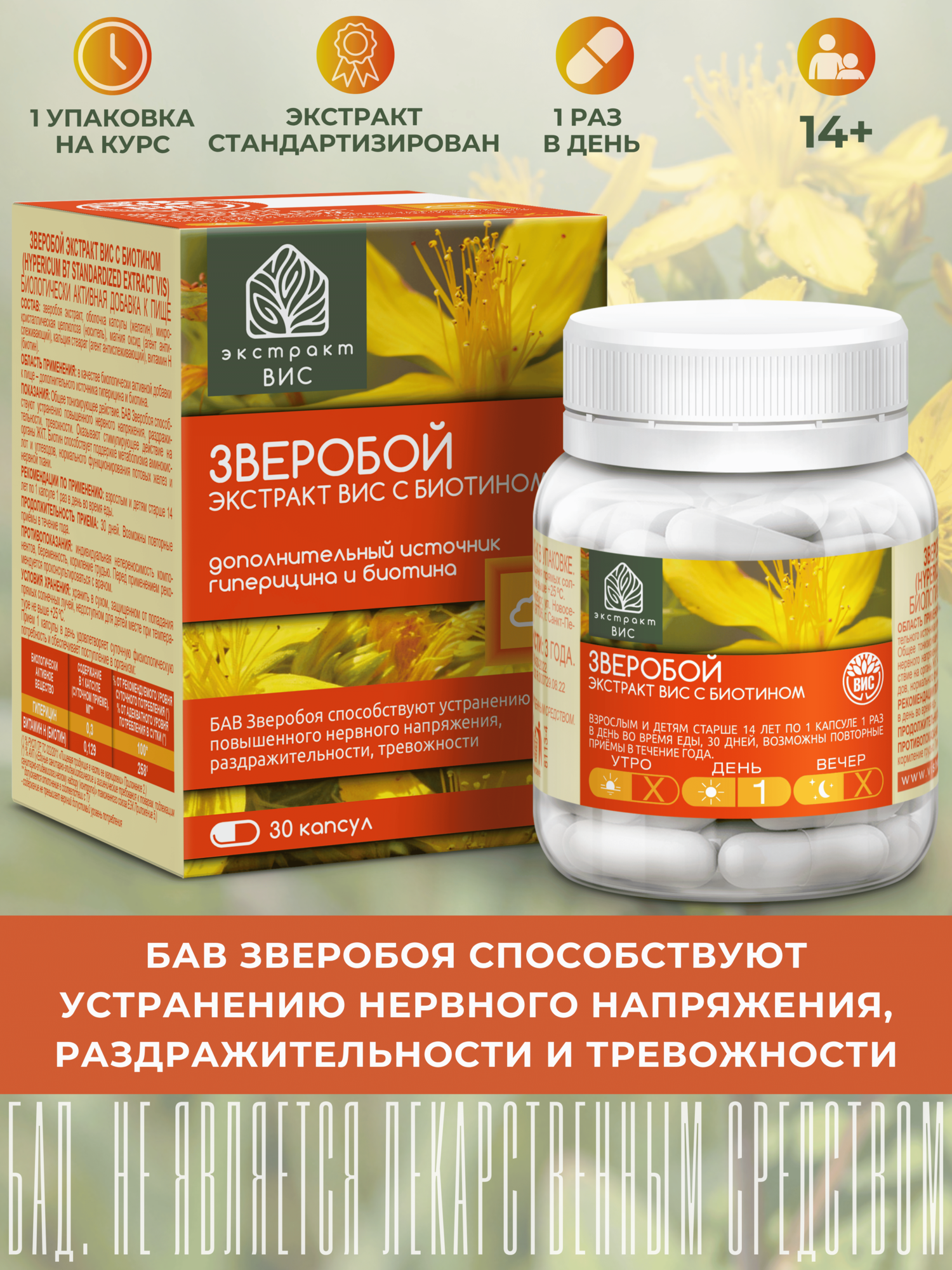 Зверобой экстракт ВИС с биотином (Hypericum В7 Standardized EXTRACT VIS) капсулы массой 0,3г N30