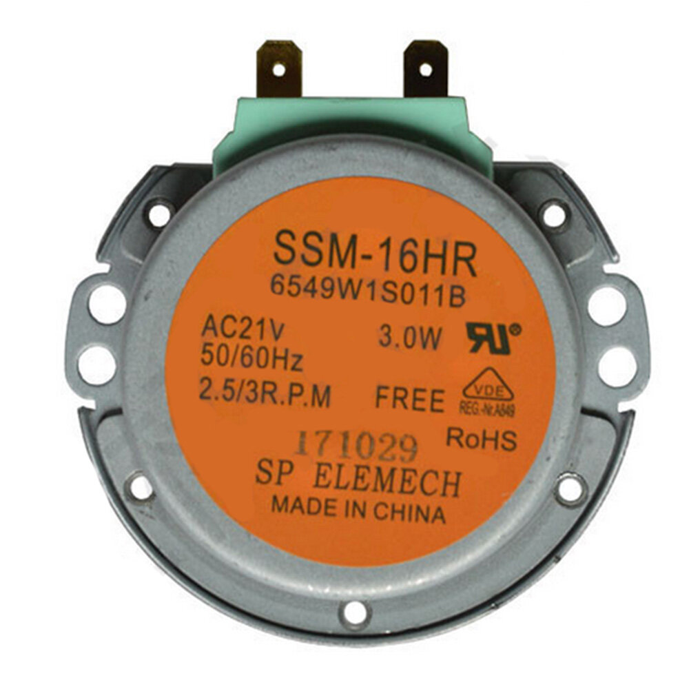 Мотор синхронный для вращения подносчика SSM-16HR 6549W1S011B для микроволновки LG, AC21V, 3W, 50/60Hz, материал металл, разъем 2-контактный, вал D-образный, скорость 2.5/3 об/мин, расстояние между отверстиями 56мм/54мм, вес упаковки 75г, размер упаковки