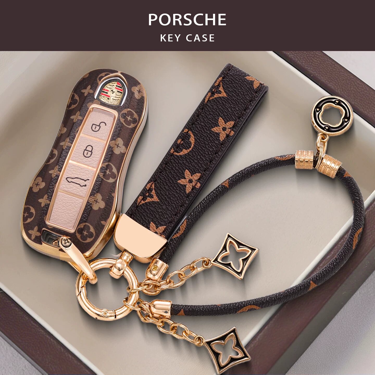 Кейс для ключей Porsche с цветочным узором, золотой кожаной застежкой и роскошной цепочкой для Macan 911 Panamera