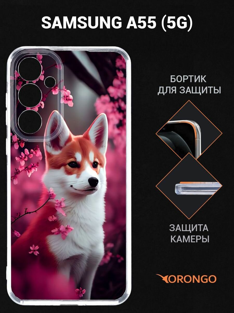 Чехол на Samsung Galaxy A55 5G (A556) прозрачный с рисунком, с защитой камеры, с принтом акита / Самсунг Галакси А55