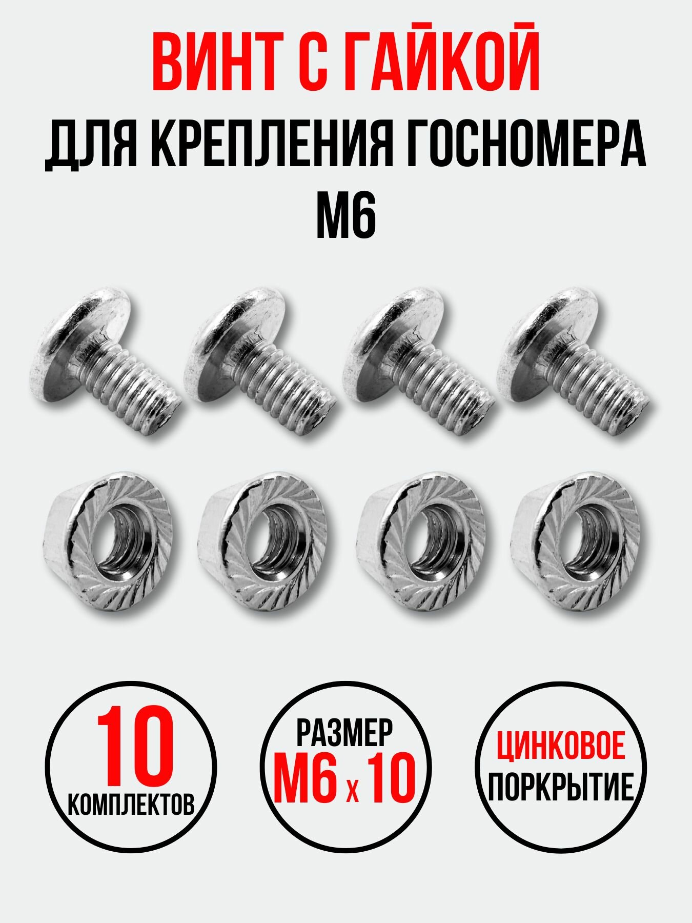 Винт с гайкой для крепления госномера М6 10 шт.