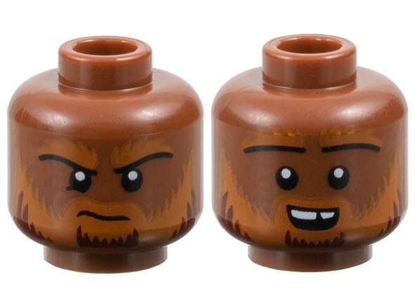 Деталь Lego 3626pb3670 Minifigure, Head Dual Sided Dark Orange Eyebrows and Beard with Dark Red Highlights, Frown / Open Mouth Smile with Top Teeth Pattern