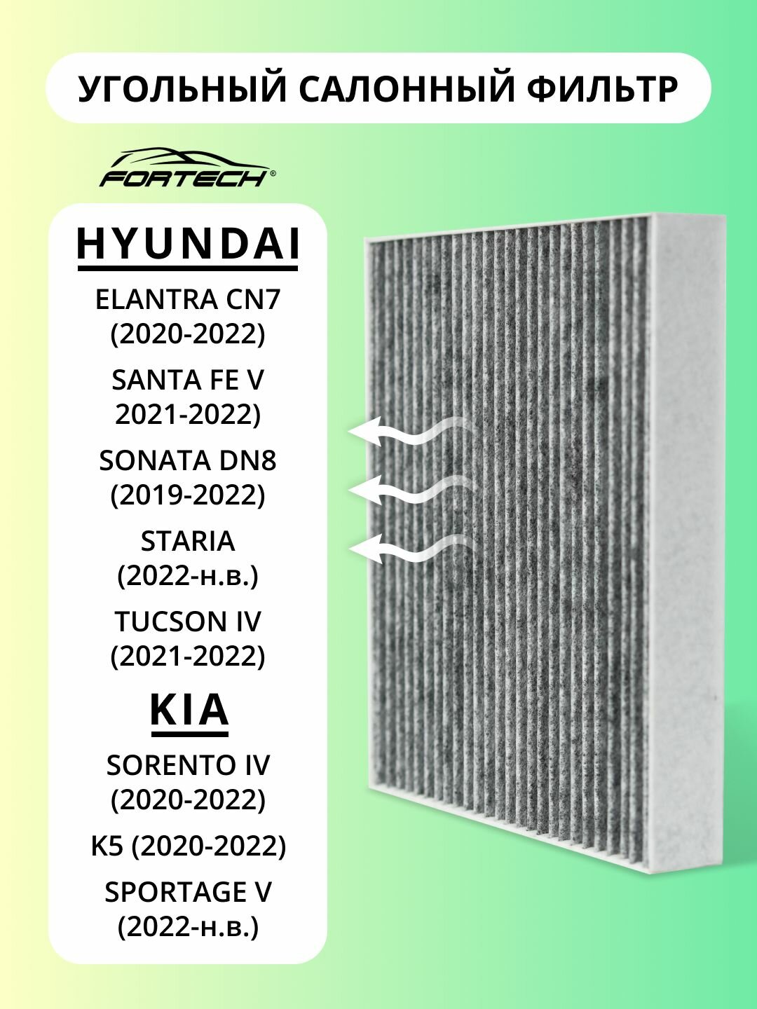 Фильтр салонный угольный HYUNDAI Elantra, Santa FE Sonata DN8 Tucson IV, KIA Sorento IV KIA SPORTAGE V FORTECH FS-157C