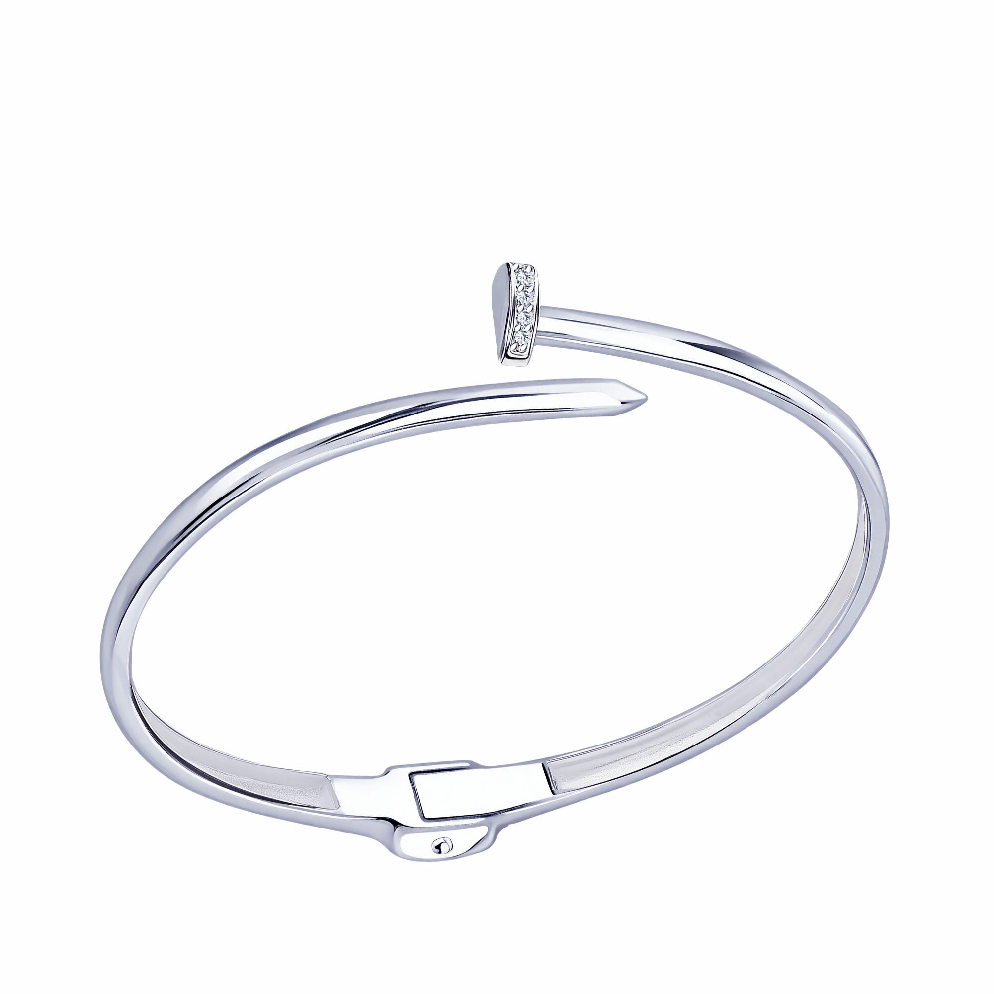 Жесткий браслет, серебро, 925 проба, родирование, фианит