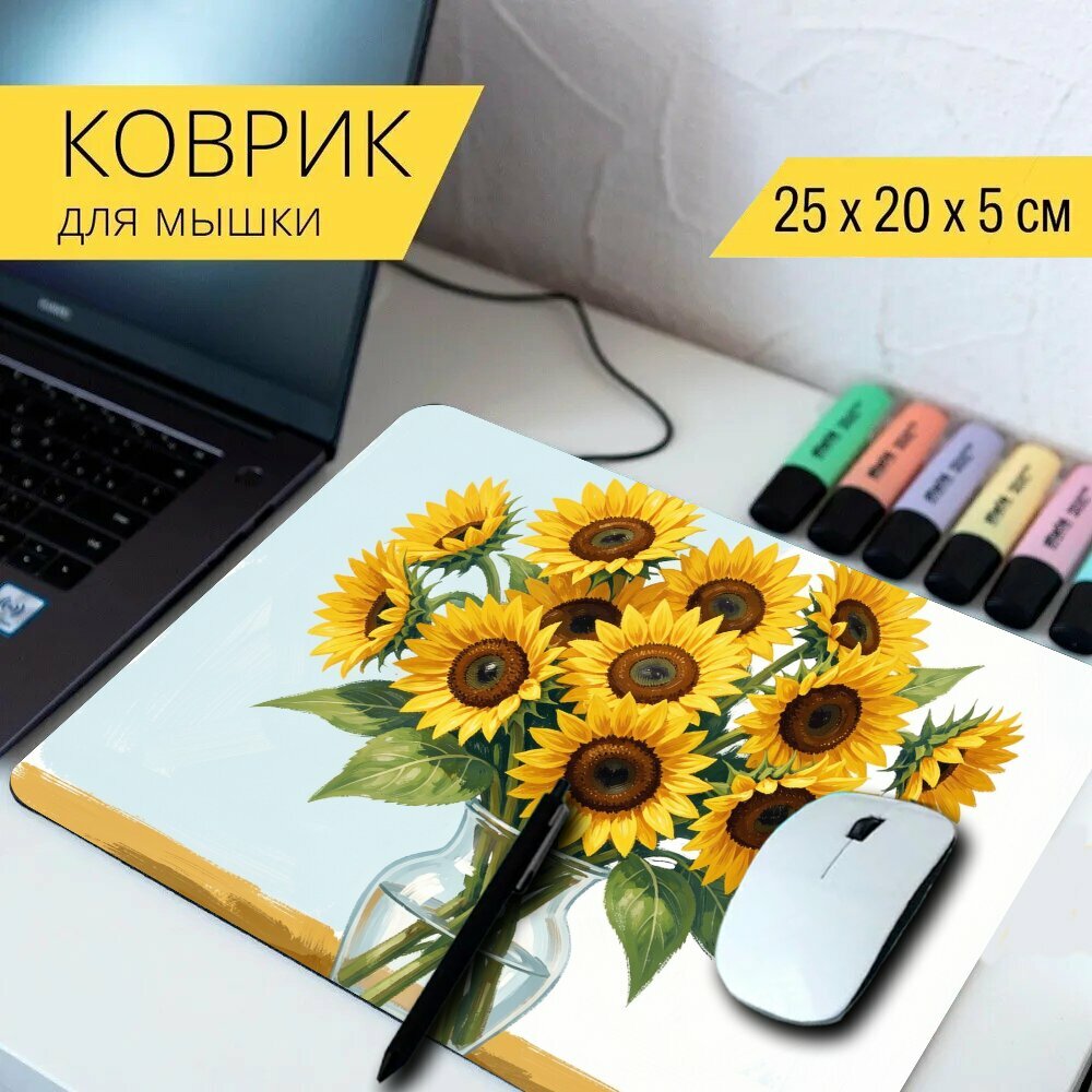 Коврик для мыши с принтом "Подсолнухи в стеклянной вазе. Яркий букет солнечных цветов с крупными жёлтыми лепестками и тёмными сердцевинами в прозрачной вазе. Акварельный." 25x20см.