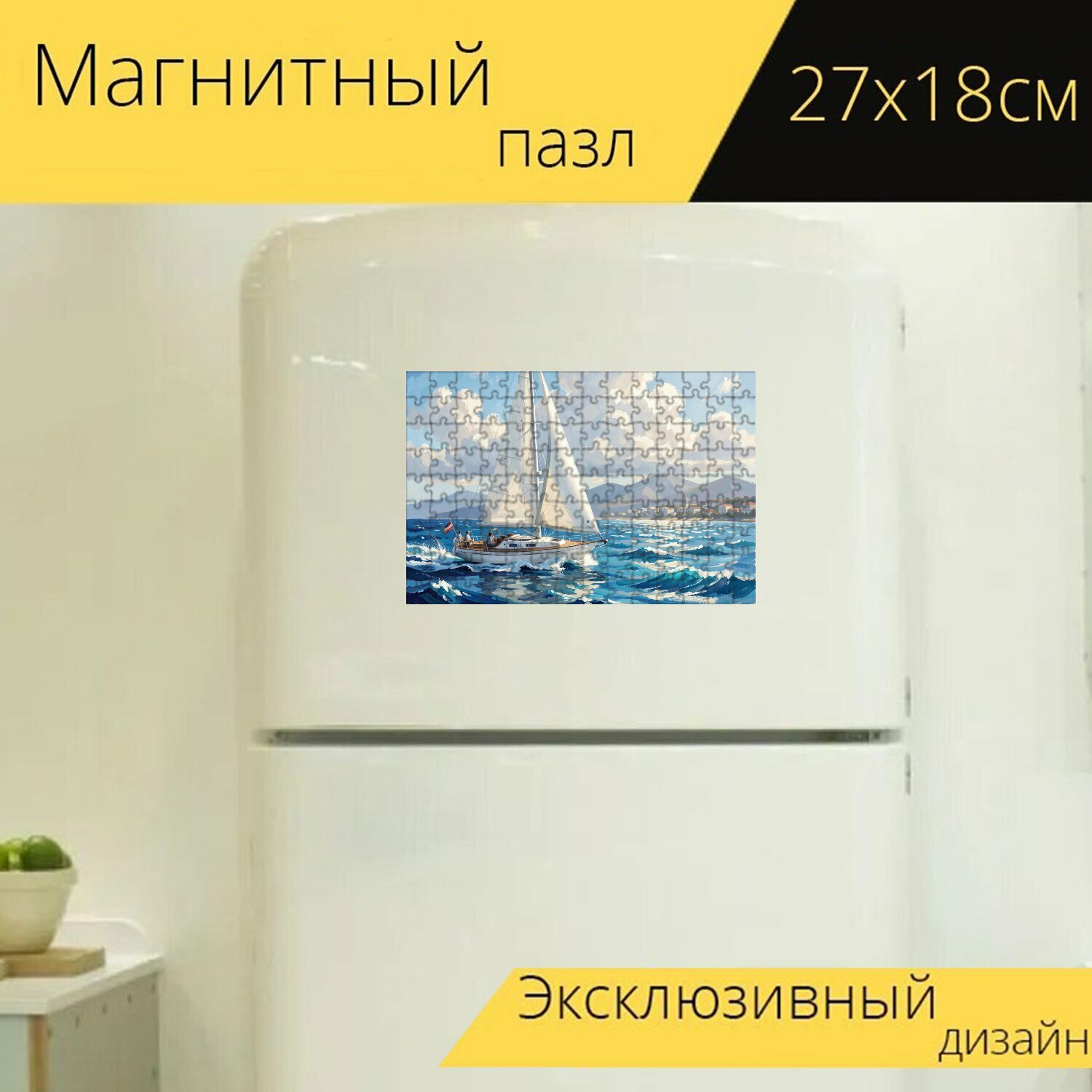 Магнитный пазл "Парусник в лазурном море. Живописная морская сцена с белоснежной яхтой под парусами, бирюзовыми волнами, дальними горами и уютным." на холодильник 27 x 18 см.