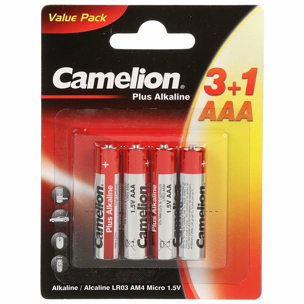 Батарейки Camelion AAA Alkaline Plus, 1.5 В, мизинчиковые LR03, щелочные, 4 штуки в блистере, артикул 15544