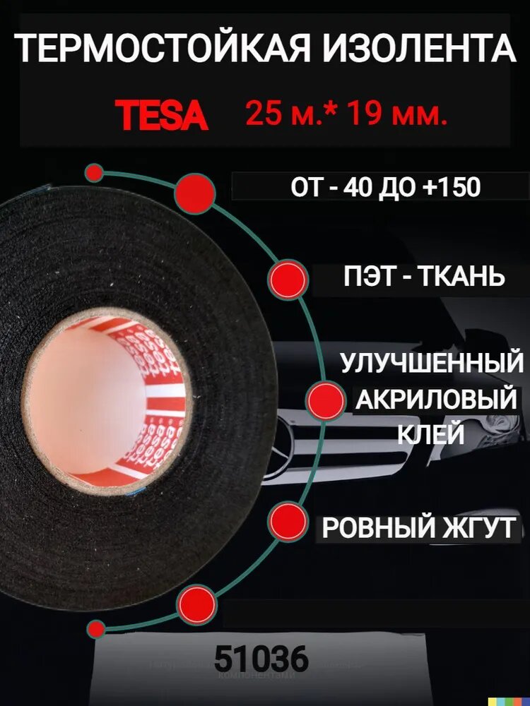 Tesa Изолента 51036, 1 шт. 25 м. автомобильная термостойкая черная подкапотная тканевая для жгутования, ПЭТ-ткань лавсан, скрутка для проводов, обмотка