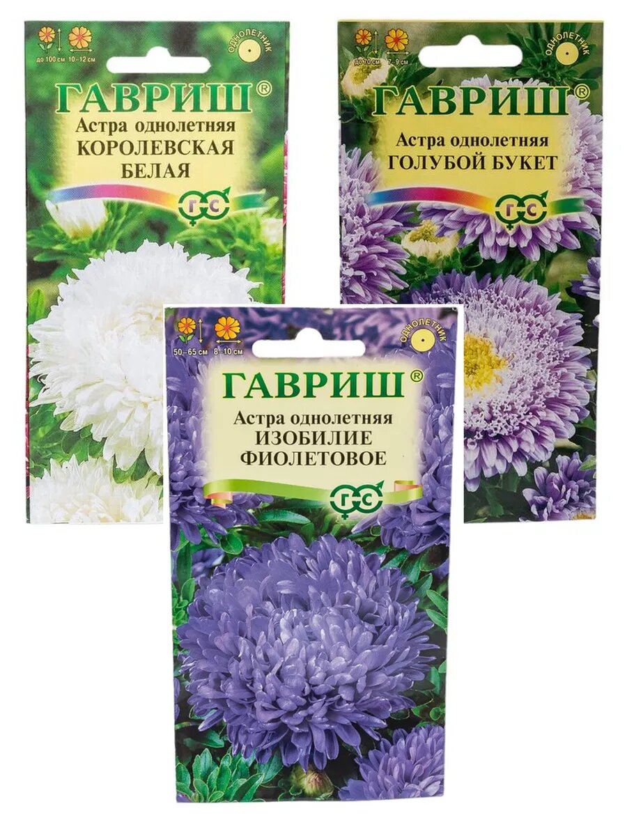 Набор семян Астра Королевская Белая, Голубой Букет и Изобилие фиолетовая