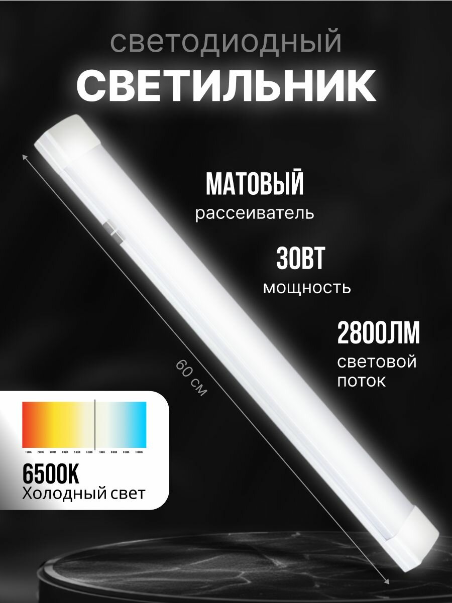 Светильник светодиодный линейный Матовый 60см, 30 Вт, Холодный белый 6500K, 2800 Лм, потолочная LED лампа для дома и офиса