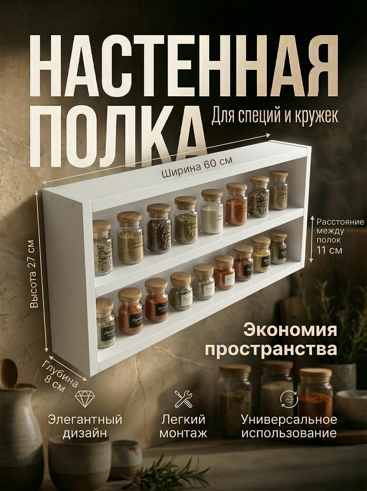 Полка для специй, кружек, прямая настенная, 27х60х8 см, Белая.