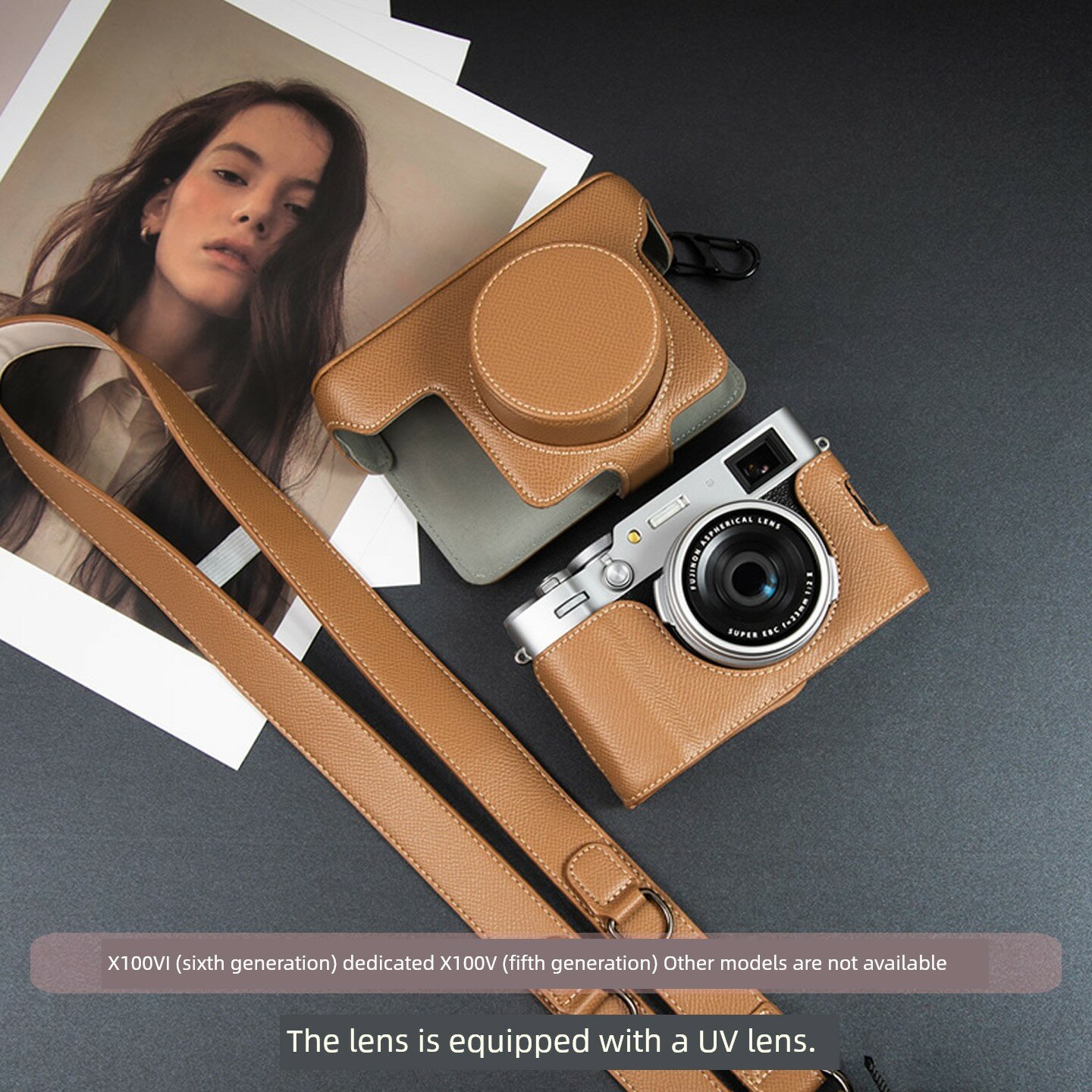 Кожаный чехол для камеры Fujifilm X100VI с рельефной текстурой, кахки-коричневый цвет и чехол для объектива