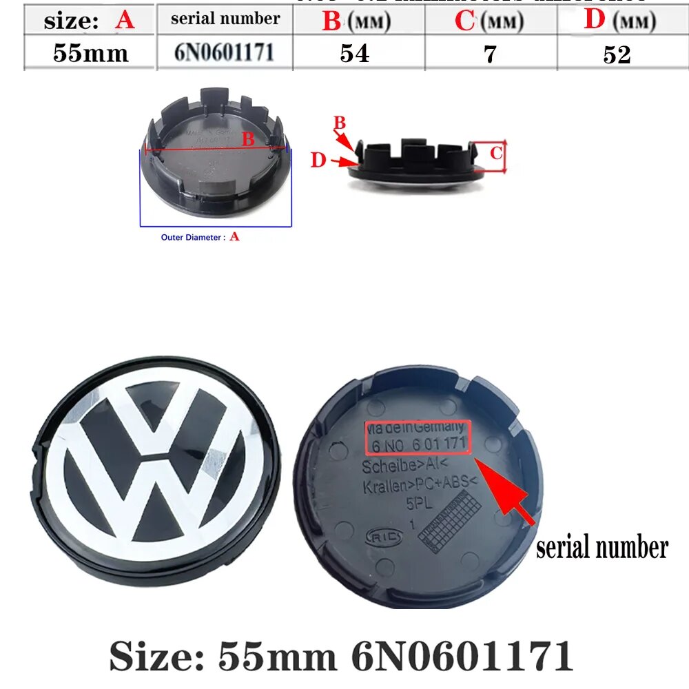 Комплект из 4 колпаков ступицы колес VW Polo, Golf 4/5/6/7, Touran, CC, Passat B5/B6/B7, 55/56/65/70/76 мм