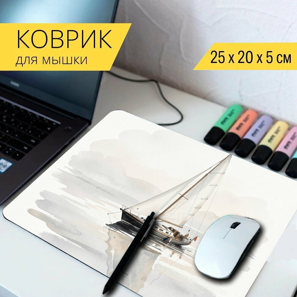 Коврик для мыши с принтом "Парусная яхта на спокойной воде. Легкая морская сцена с одиноким судном под парусами, отражением в гладкой воде и воздушной акварельной дымкой." 25x20см.