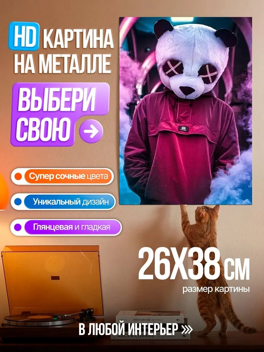 Картина на HD металле Панда маска неон