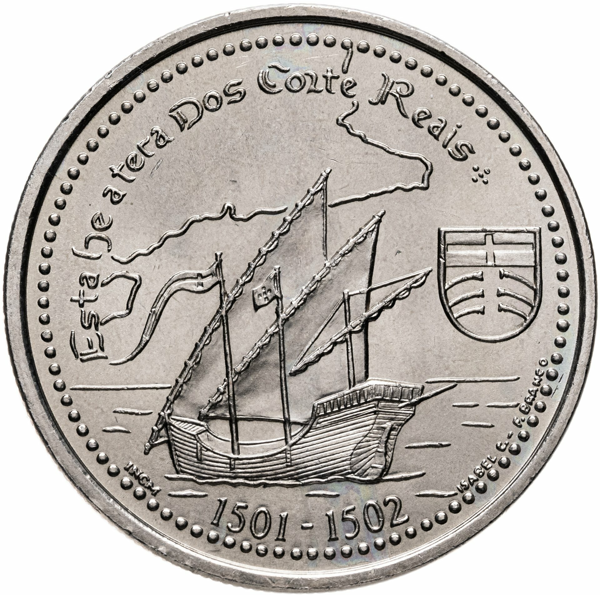 Португалия 200 эскудо escudos 2000 "Земля Кортириал", Мельхиор медь-никель, в сохранности UNC