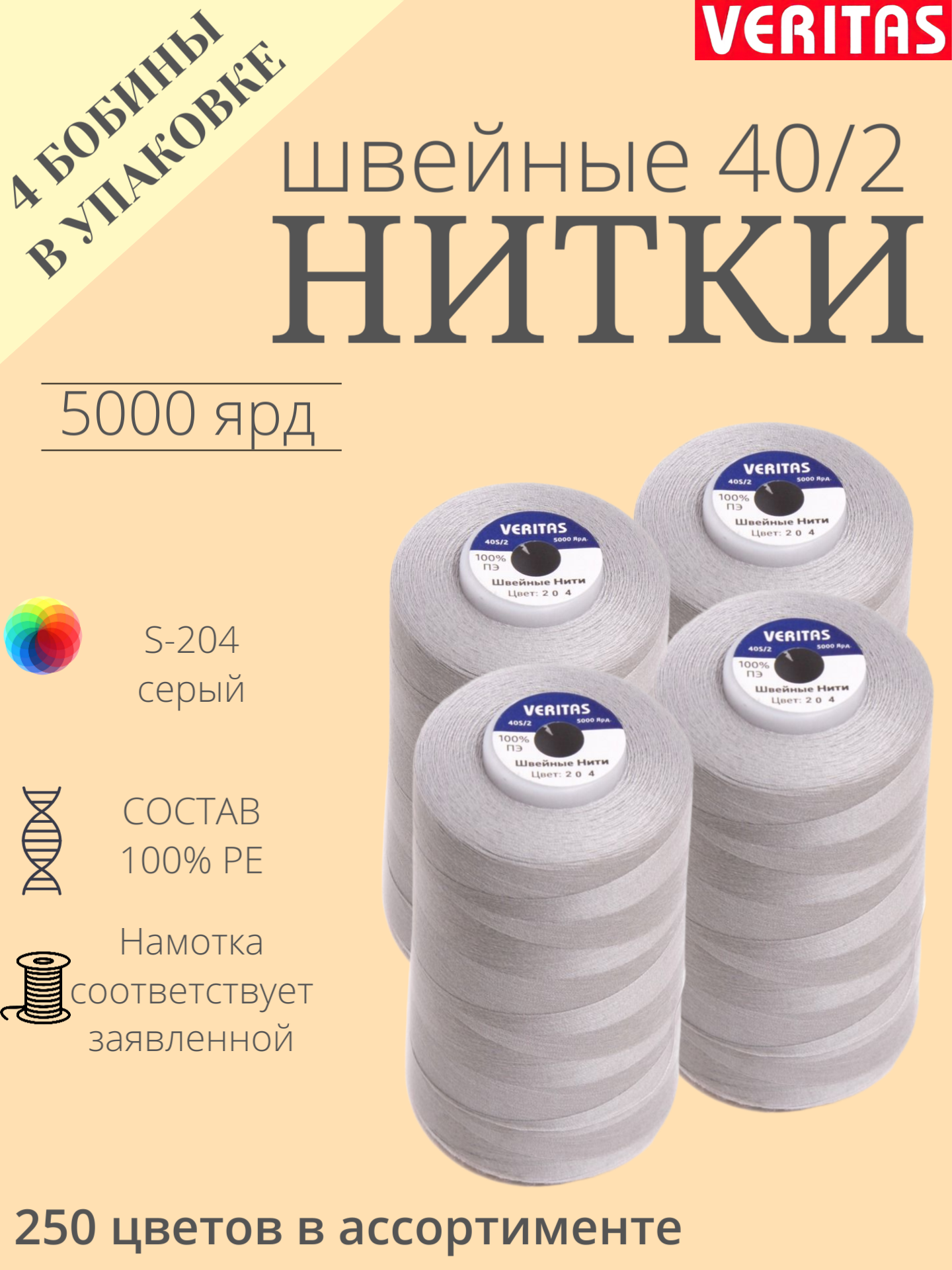 Нитки швейные 40/2 набор 4 бобины VERITAS S-204, намотка 5000ярд