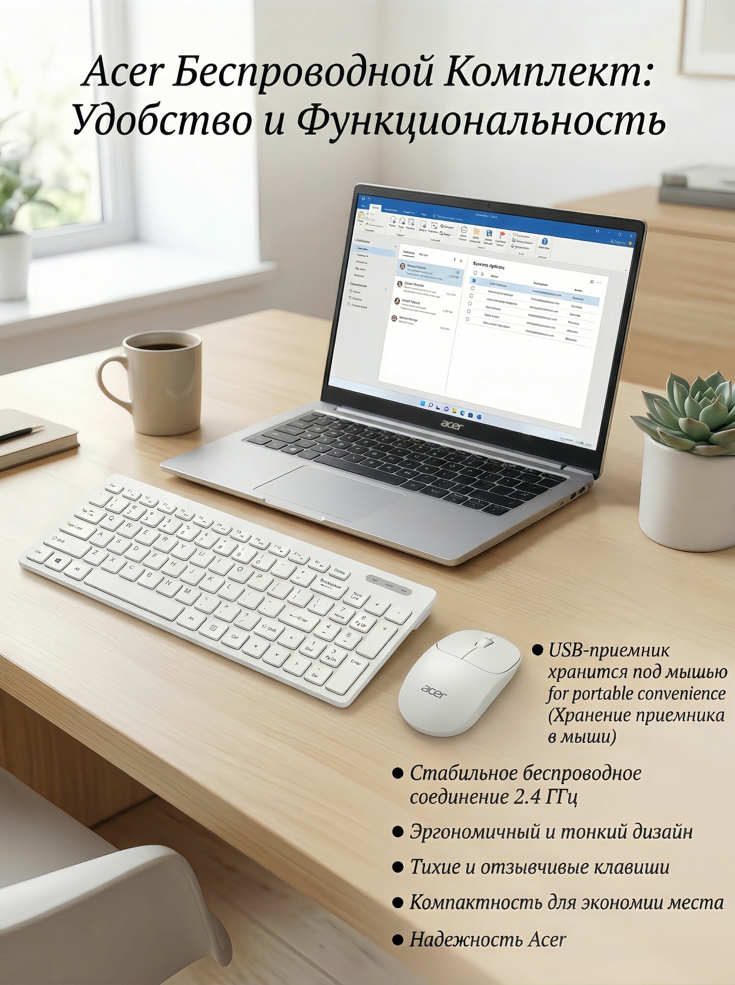 Acer, Бесшумная офисная клавиатура и мышь, беспроводная клавиатура , русская раскладка, белый