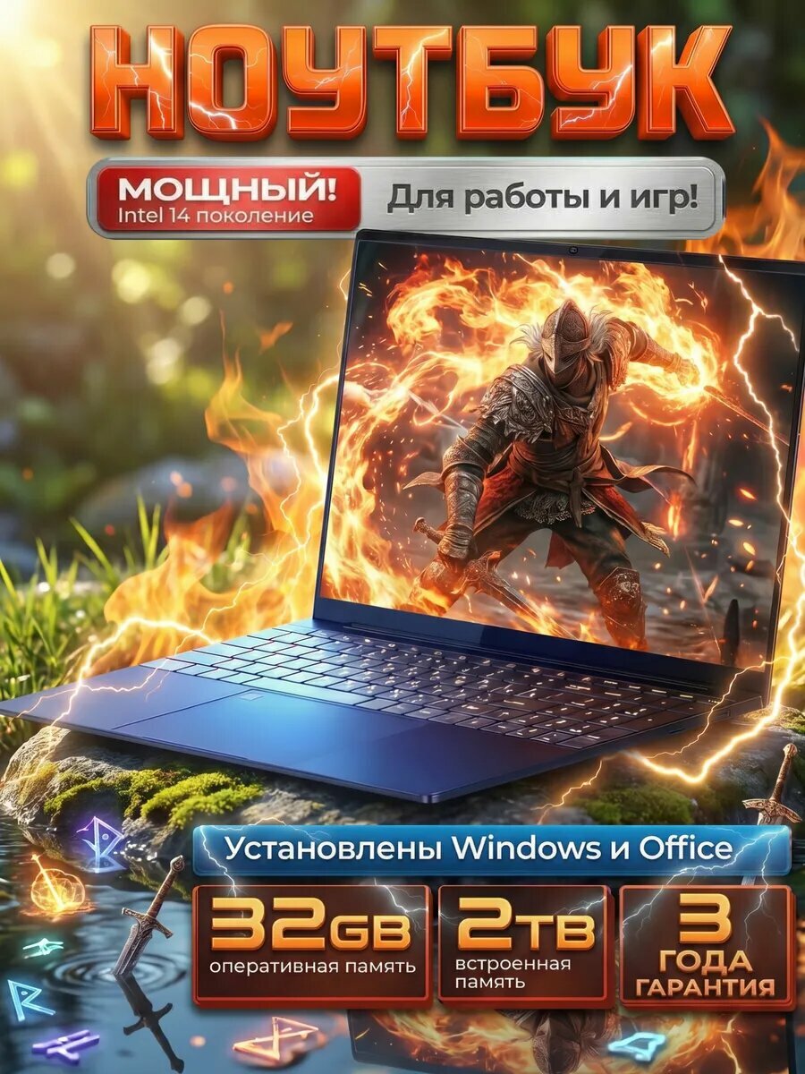Ноутбук игровой 2026 Intel H-series, RAM 32GB, SSD 2048GB, IPS + Windows, Office