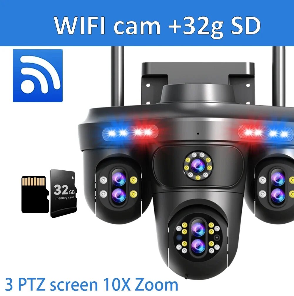 Камера IP WiFi DIFANG 35MP с 4 экранами, 7 объективами, 10-кратным зумом, наружная беспроводная камера наблюдения PTZ с автоотслеживанием CCTV для видеонаблюдения-