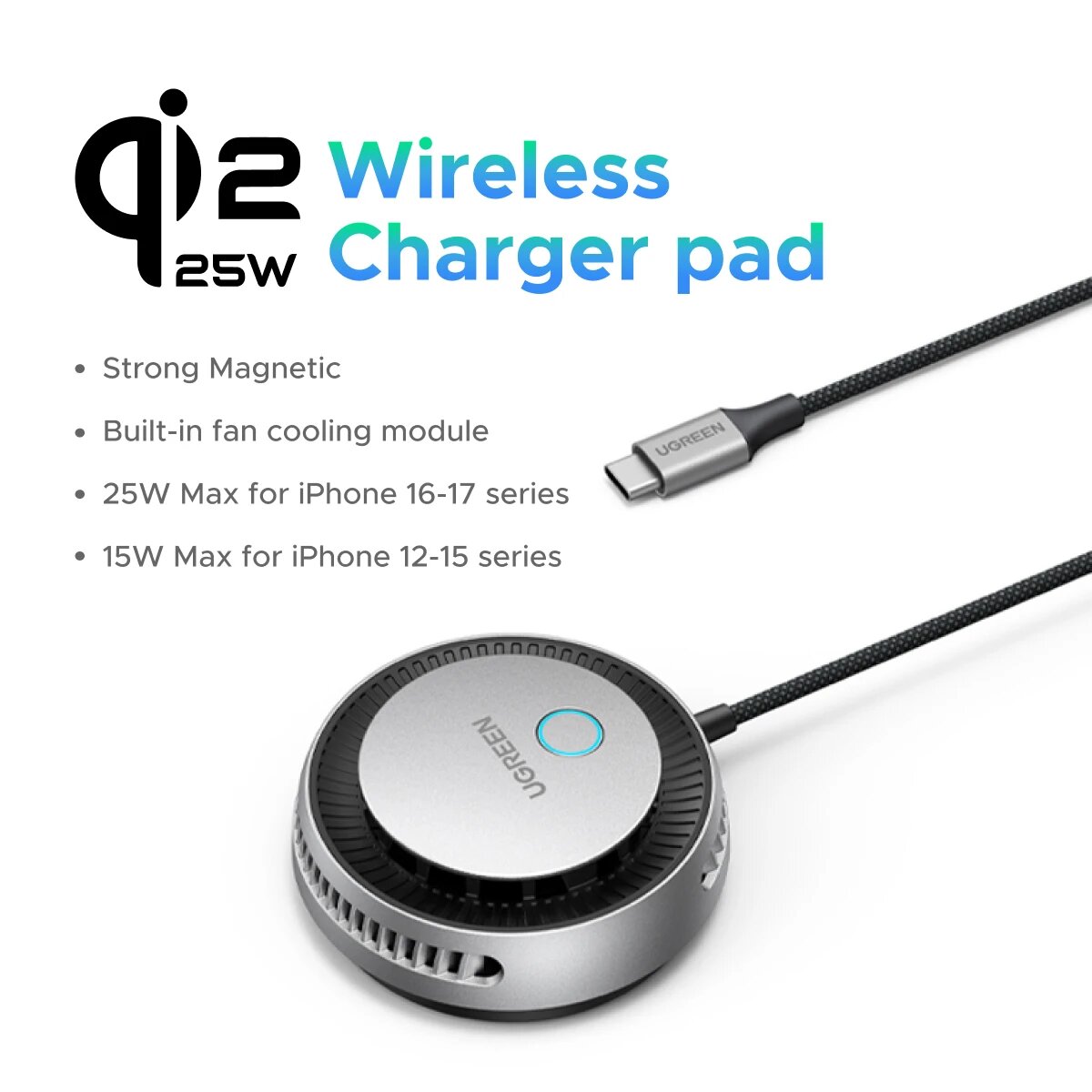 Беспроводное магнитное зарядное устройство UGREEN MagFlow Pro Qi2.2 25W с охлаждающим вентилятором для iPhone 17 16 Pro Max, зарядная панель с TEC-охлаждением