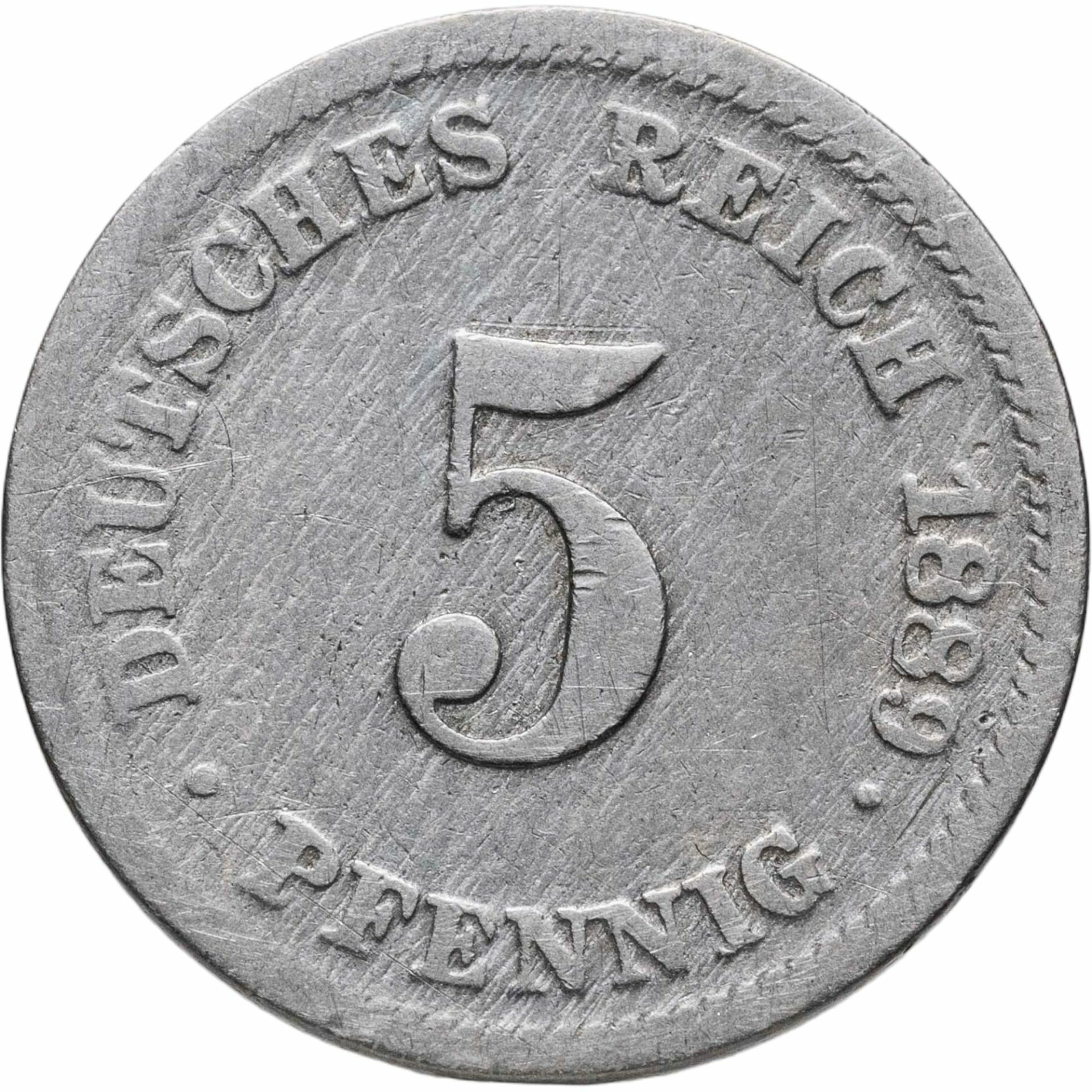 Германия 5 пфеннигов pfennig 1889 D знак монетного двора: "D" - Мюнхен, Мельхиор медь-никель, в сохранности VF