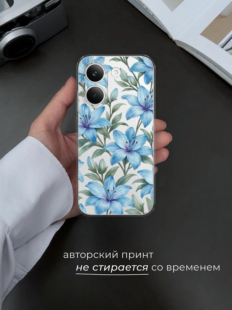 Чехол на Poco X8 Pro / Поко X8 Про с принтом Голубые лилии, прозрачный — фото 1