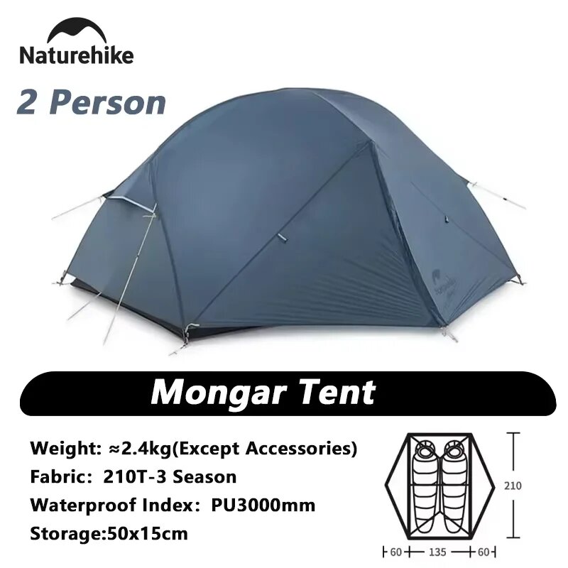 Палатка для кемпинга Naturehike Mongar 2 ультралегкая для откры-air, 3 сезона, водонепроницаемая, 20D нейлон, для походов, 2 человека, рюкзачная - синяя