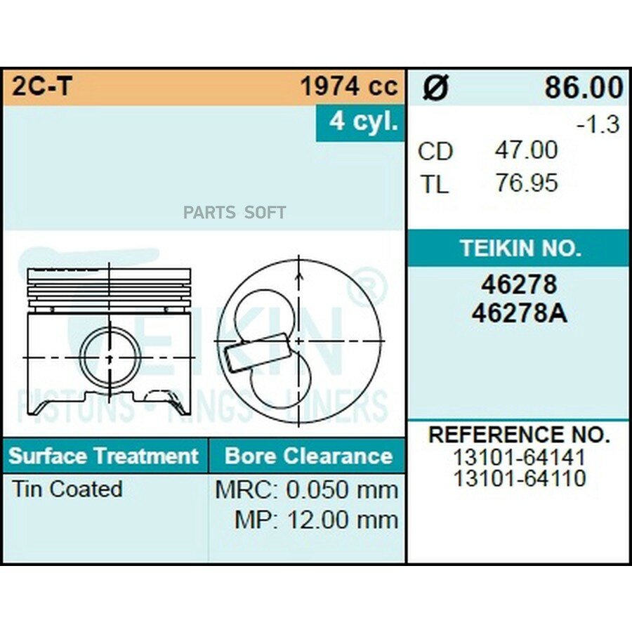 Поршень без колец Toyota 2C-T d86.0 STD (13101-64141, -64110) Teikin от официального дистрибьютора, TEIKIN, артикул 46278STD