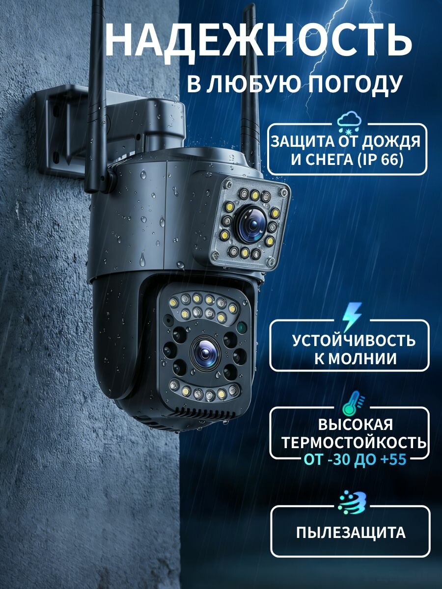 Wi-Fi камера видеонаблюдения для улицы и помещений: два объектива, ИИ детекция, ночное видение. Для улицы, квартиры.