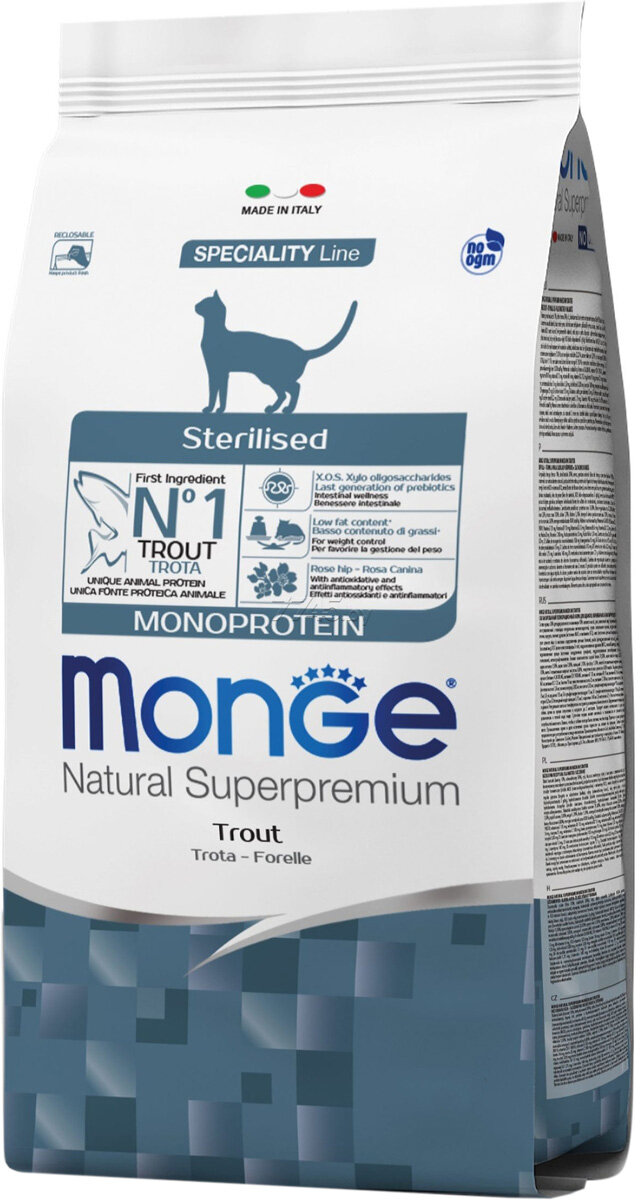 Корм сухой Monge Speciality Monoprotein Cat Sterilised Trout монобелковый для взрослых кастрированных котов и стерилизованных кошек, форель, 1,5 кг